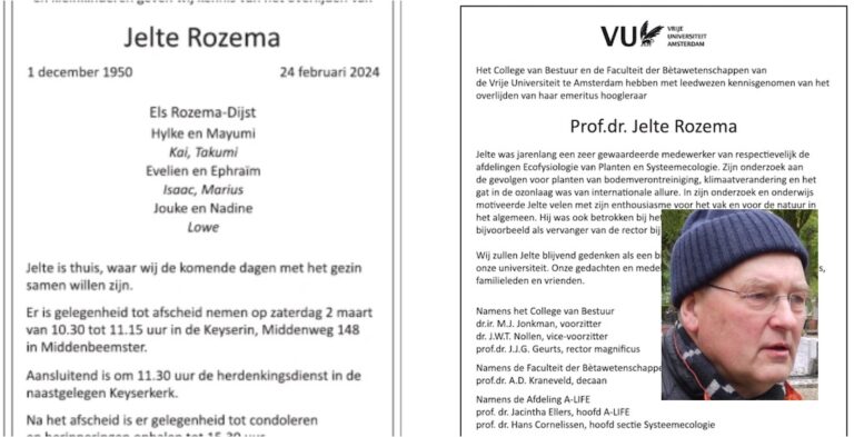 Bioloog Jelte Rozema (Zaandam, 1950) overleden - De Orkaan