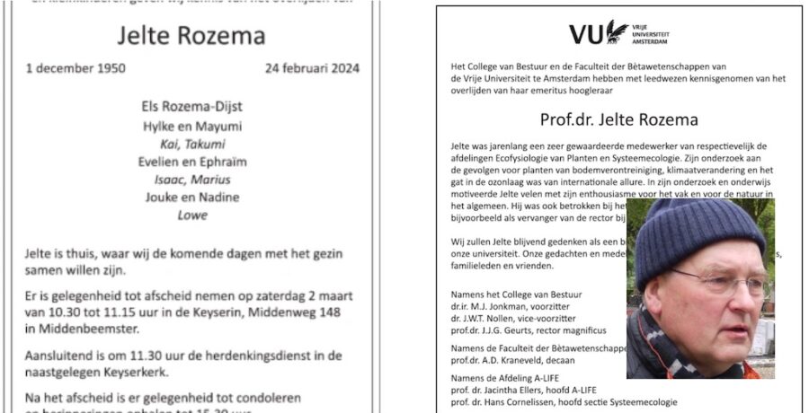 Bioloog Jelte Rozema (Zaandam, 1950) overleden - De Orkaan